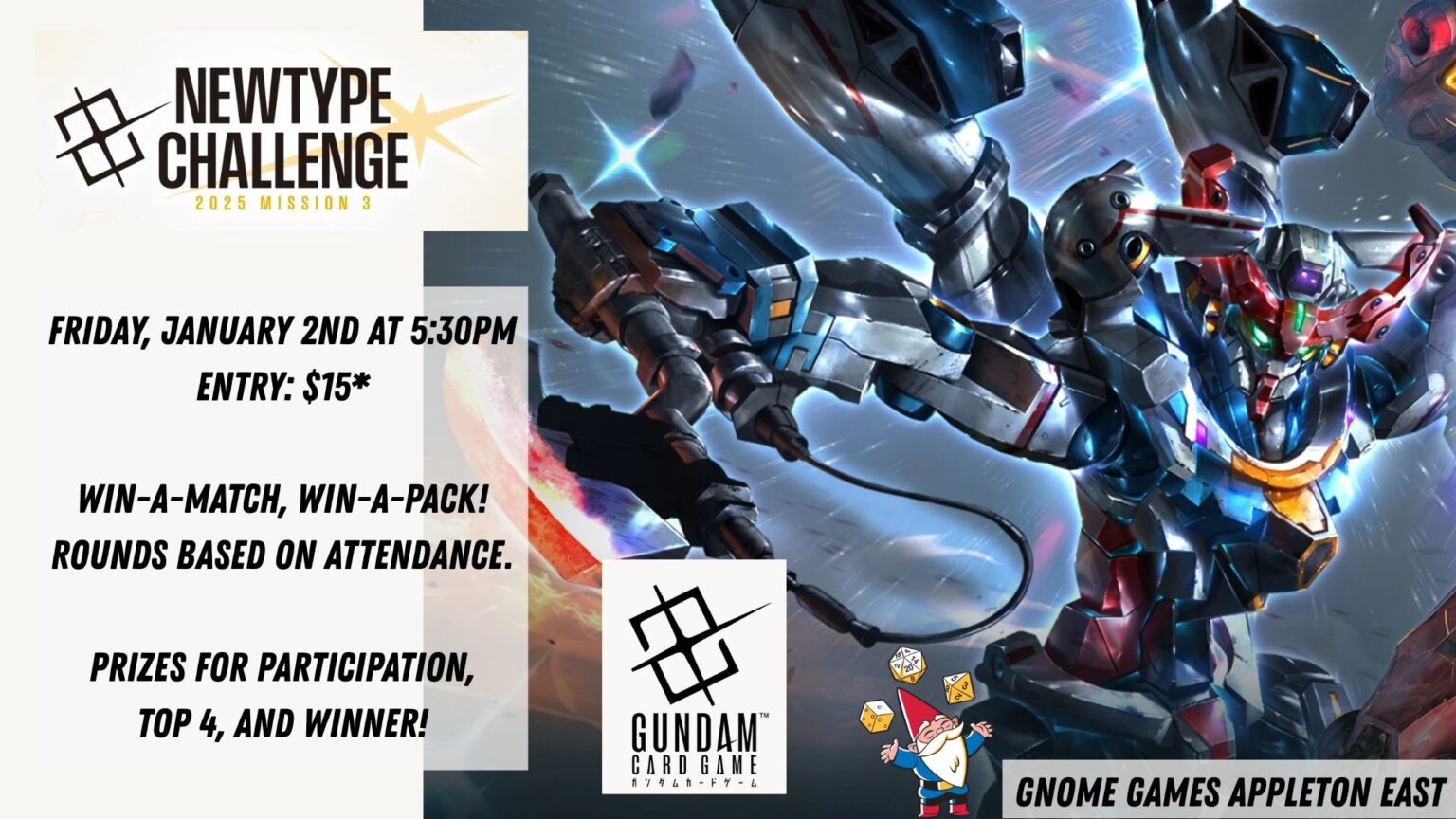Gundam Newtype Challenge 2025 Mission 3 at Gnome Games Appleton East - $15 - Gnome Games